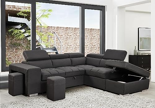 FULife 105" w L-Shaped Modular Reversible Sectional Corner Sofa with Pull Out Sleeper Bed,Adjustable Headrest,Storage Ottoman and 2 Stools,Multi-Functional Convertible Upholstered 5-Seat Sofá&Couch