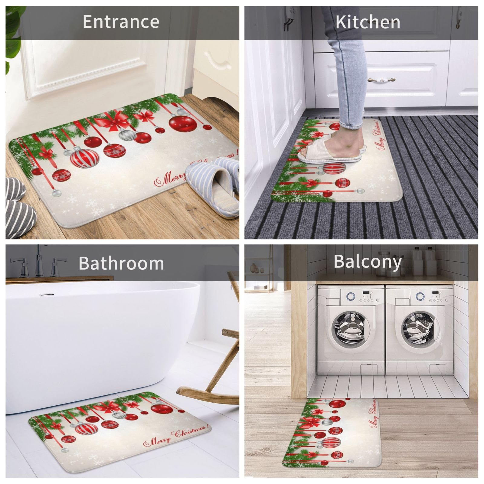 Bath Mat Fir Tree Red Ball Christmas Bathroom Rug Non Slip for Shower Soft Memory Foam 15.7 x 23.6 Inch Small Carpet Floor Runner Washable