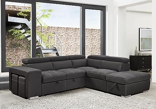 FULife 105" w L-Shaped Modular Reversible Sectional Corner Sofa with Pull Out Sleeper Bed,Adjustable Headrest,Storage Ottoman and 2 Stools,Multi-Functional Convertible Upholstered 5-Seat Sofá&Couch