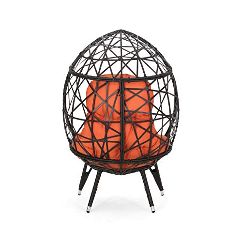 Great Deal Furniture Doris Outdoor Wicker Teardrop Chair with Cushion, Brown and Orange