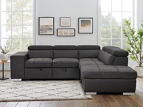 FULife 105" w L-Shaped Modular Reversible Sectional Corner Sofa with Pull Out Sleeper Bed,Adjustable Headrest,Storage Ottoman and 2 Stools,Multi-Functional Convertible Upholstered 5-Seat Sofá&Couch