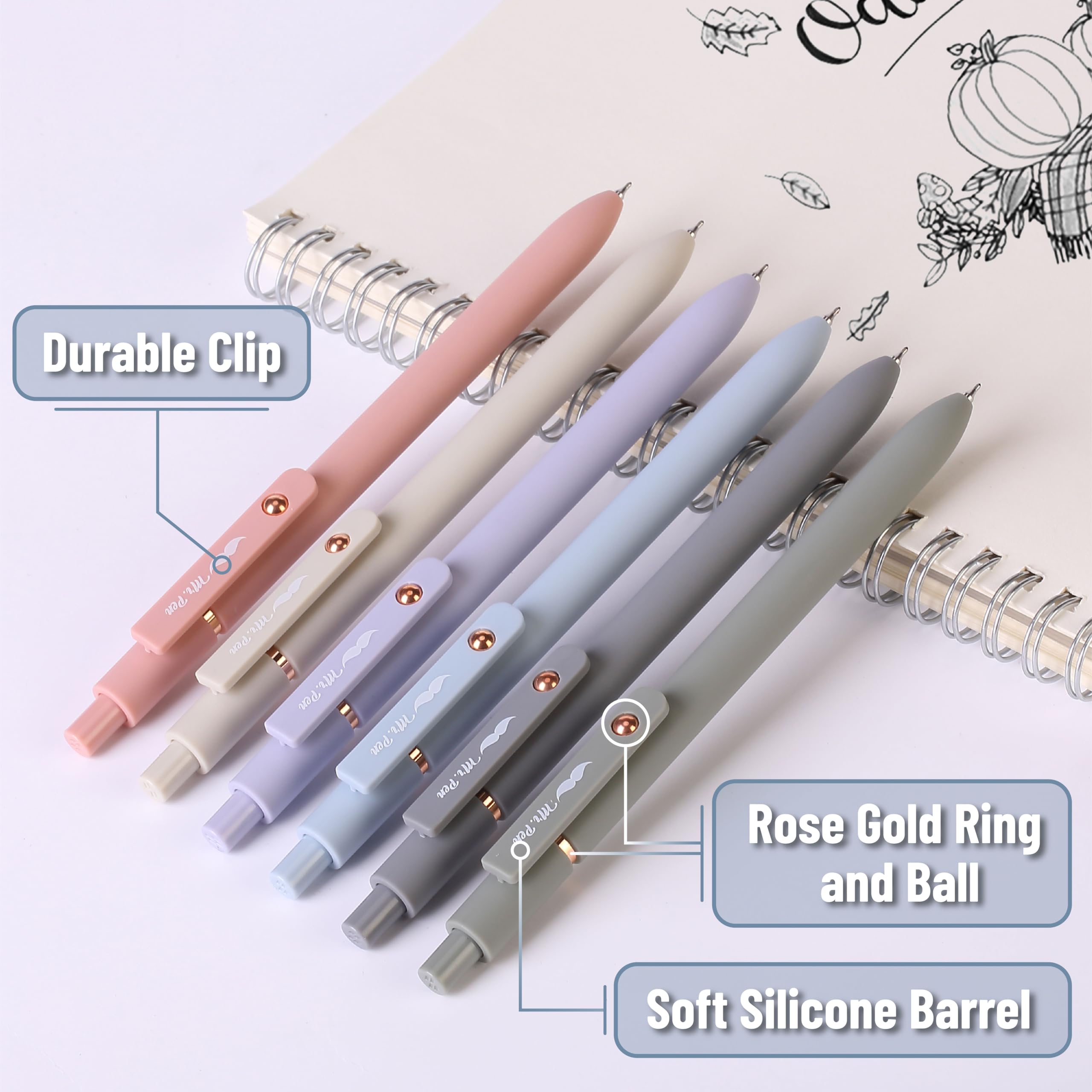 Mr. Pen- Retractable Gel Pens with Rose Gold Ring and Ball, 6 Pack, Morandi Barrels, Japanese Black Gel Pens, Fast Dry, Gel Pens Fine Point 0.5mm, Smooth Writing Aesthetic Pens for Journaling