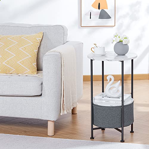 LEMONDA 26" High Marble White Round End Table with Storage,Small 2 Tiers Round Side Table with Basket for Living Room Bedroom,Round Sofa Table Nightstand Bedside Table for Small Spaces