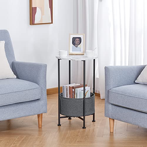 LEMONDA 26" High Marble White Round End Table with Storage,Small 2 Tiers Round Side Table with Basket for Living Room Bedroom,Round Sofa Table Nightstand Bedside Table for Small Spaces