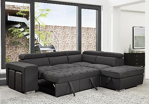 FULife 105" w L-Shaped Modular Reversible Sectional Corner Sofa with Pull Out Sleeper Bed,Adjustable Headrest,Storage Ottoman and 2 Stools,Multi-Functional Convertible Upholstered 5-Seat SofĂĄ&Couch