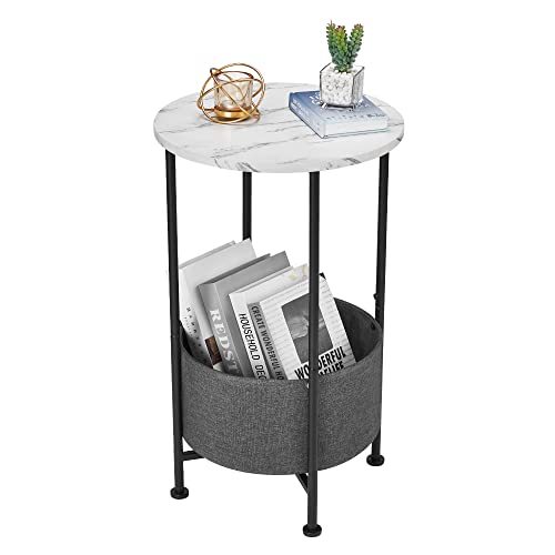LEMONDA 26" High Marble White Round End Table with Storage,Small 2 Tiers Round Side Table with Basket for Living Room Bedroom,Round Sofa Table Nightstand Bedside Table for Small Spaces