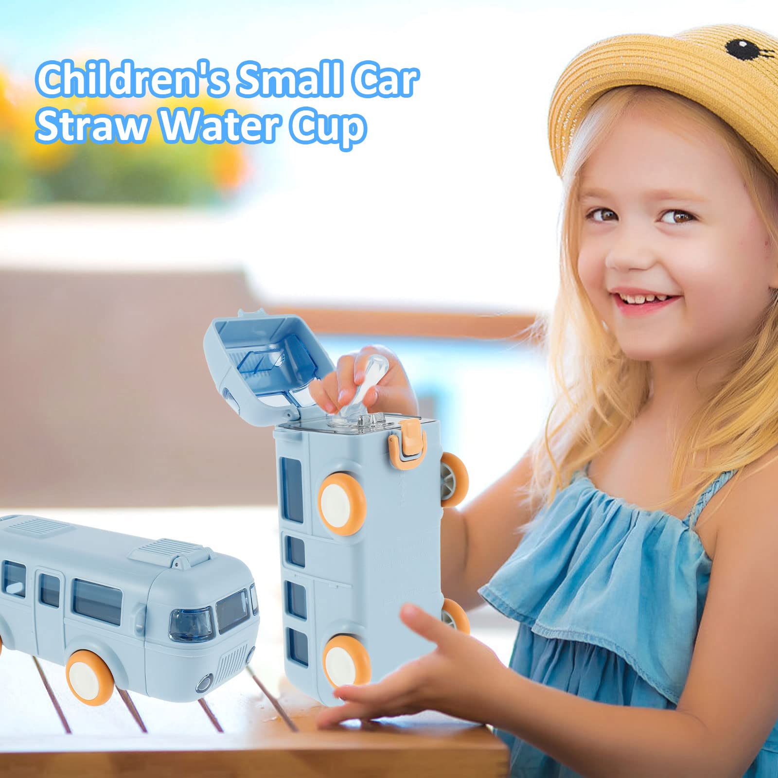 Janoiuc Car Straw Water Cup, 16ozBus Water Bottle With Wheels,Portable Water Cup In Bus Shape with Shoulder Strap, Summer Cute Bus Water Bottle Locking Flip Lid Water Kettle (Blue)