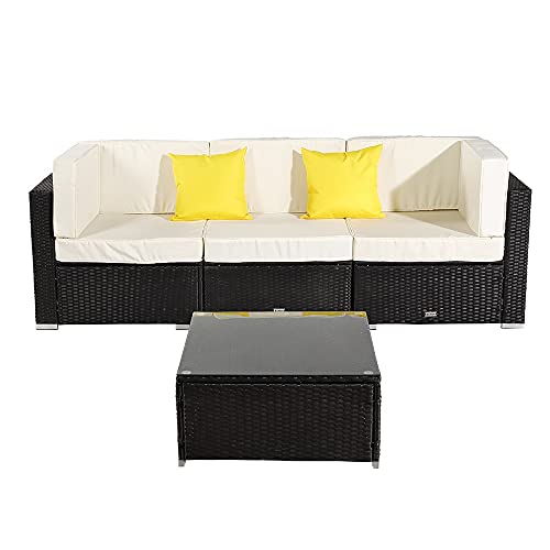 SAWQF Furniture Set 4 Pieces PE Wicker Rattan Corner Sofa Set US Warehouse in Stock