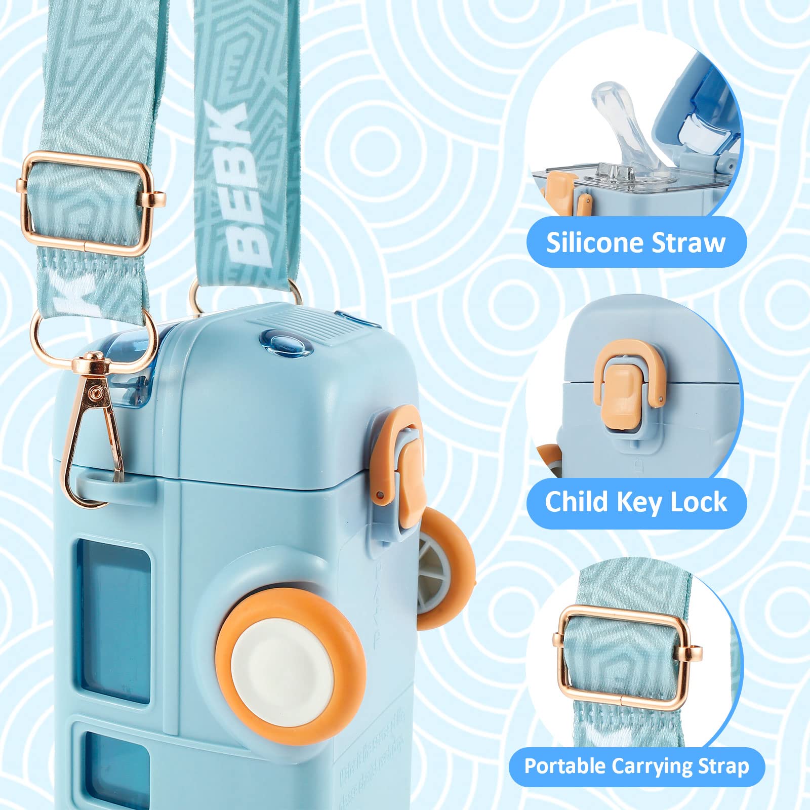 Janoiuc Car Straw Water Cup, 16ozBus Water Bottle With Wheels,Portable Water Cup In Bus Shape with Shoulder Strap, Summer Cute Bus Water Bottle Locking Flip Lid Water Kettle (Blue)