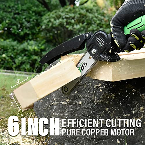 Mini Chainsaw 6-Inch Cordless, SOYUS Electric Chainsaw Mini Battery Chainsaw with 2Pcs Batteries, Handheld Small Chainsaw for Tree Trimming Branch Wood Cutting Green