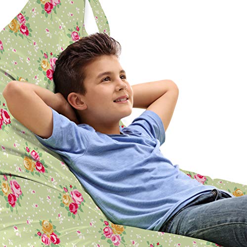 Lunarable Vintage Botany Lounger Chair Bag, English Garden Themed Repetition of Roses and Dots, High Capacity Storage with Handle Container, Lounger Size, Pale Green Pink