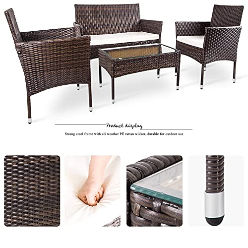 NC 4 PCS Outdoor Garden Rattan Patio Furniture Set Backyard Cushioned Seat Wicker Sofa Kit Brown