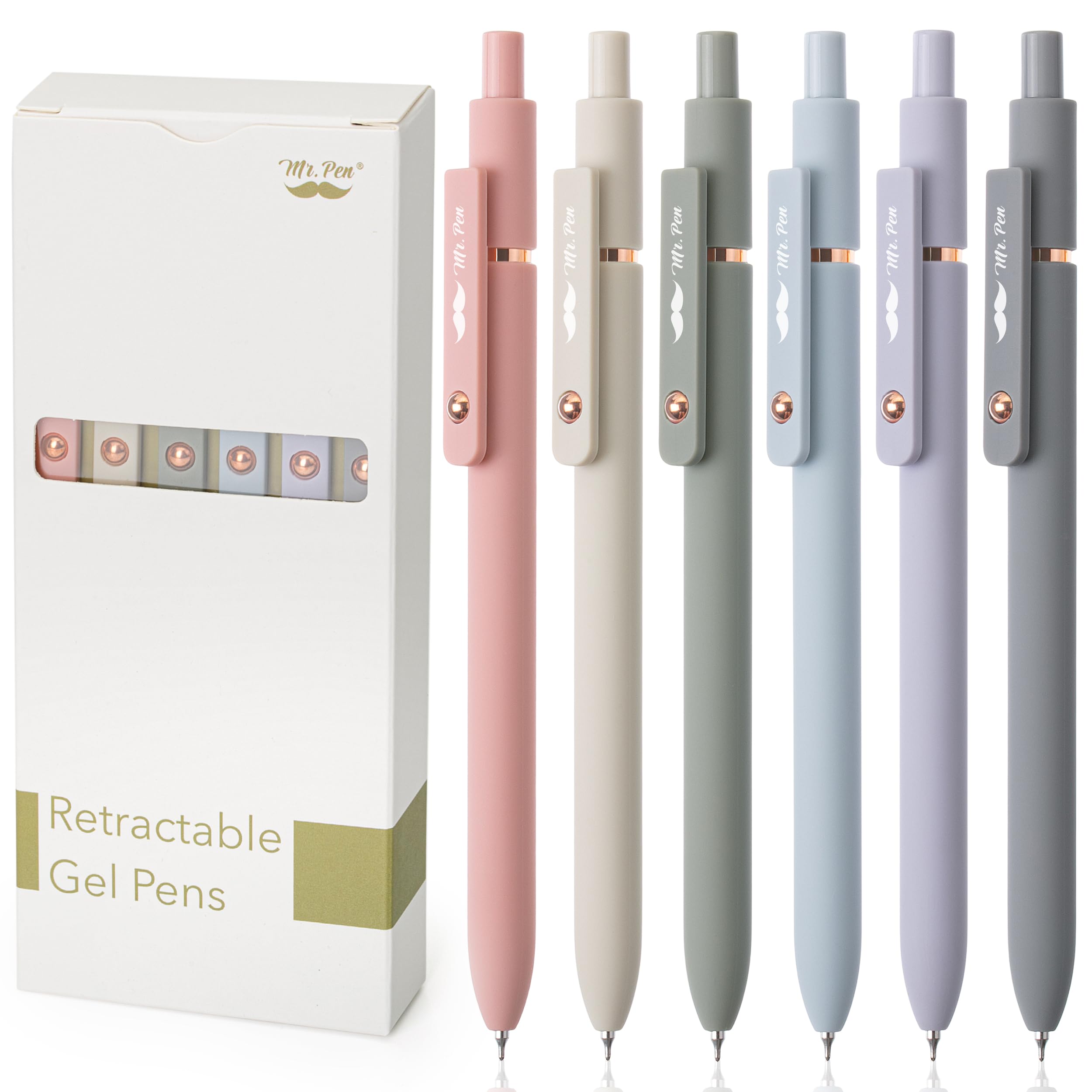 Mr. Pen- Retractable Gel Pens with Rose Gold Ring and Ball, 6 Pack, Morandi Barrels, Japanese Black Gel Pens, Fast Dry, Gel Pens Fine Point 0.5mm, Smooth Writing Aesthetic Pens for Journaling