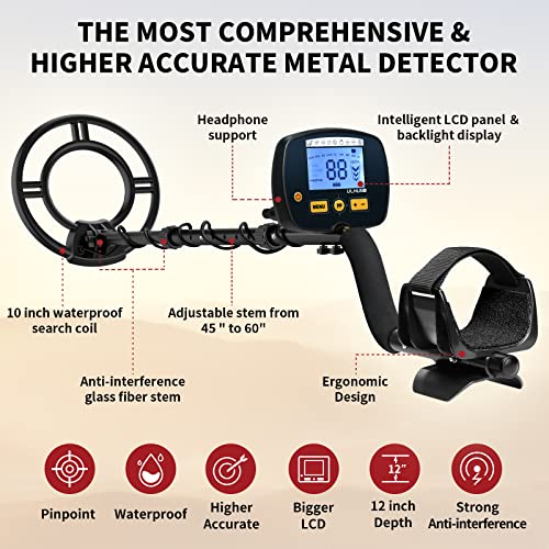 ULHUND Upgraded Metal Detectors for Adults-Professional Higher Accuracy Higher Sensitivity 9 Gold Detector with Bigger LCD Display, Advanced DSP Chip 10" Coil Metal Detector with 12'' Detection Depth