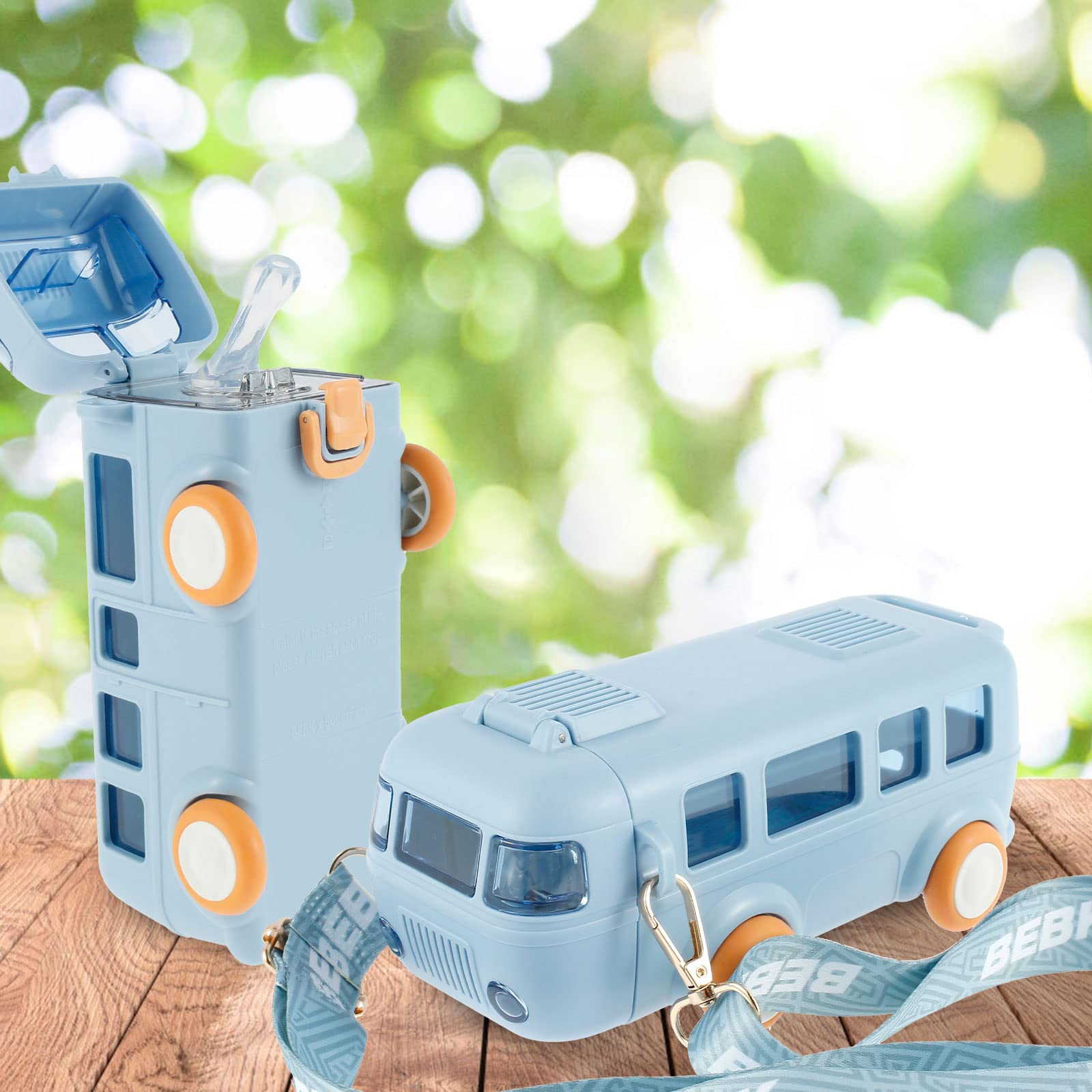 Janoiuc Car Straw Water Cup, 16ozBus Water Bottle With Wheels,Portable Water Cup In Bus Shape with Shoulder Strap, Summer Cute Bus Water Bottle Locking Flip Lid Water Kettle (Blue)