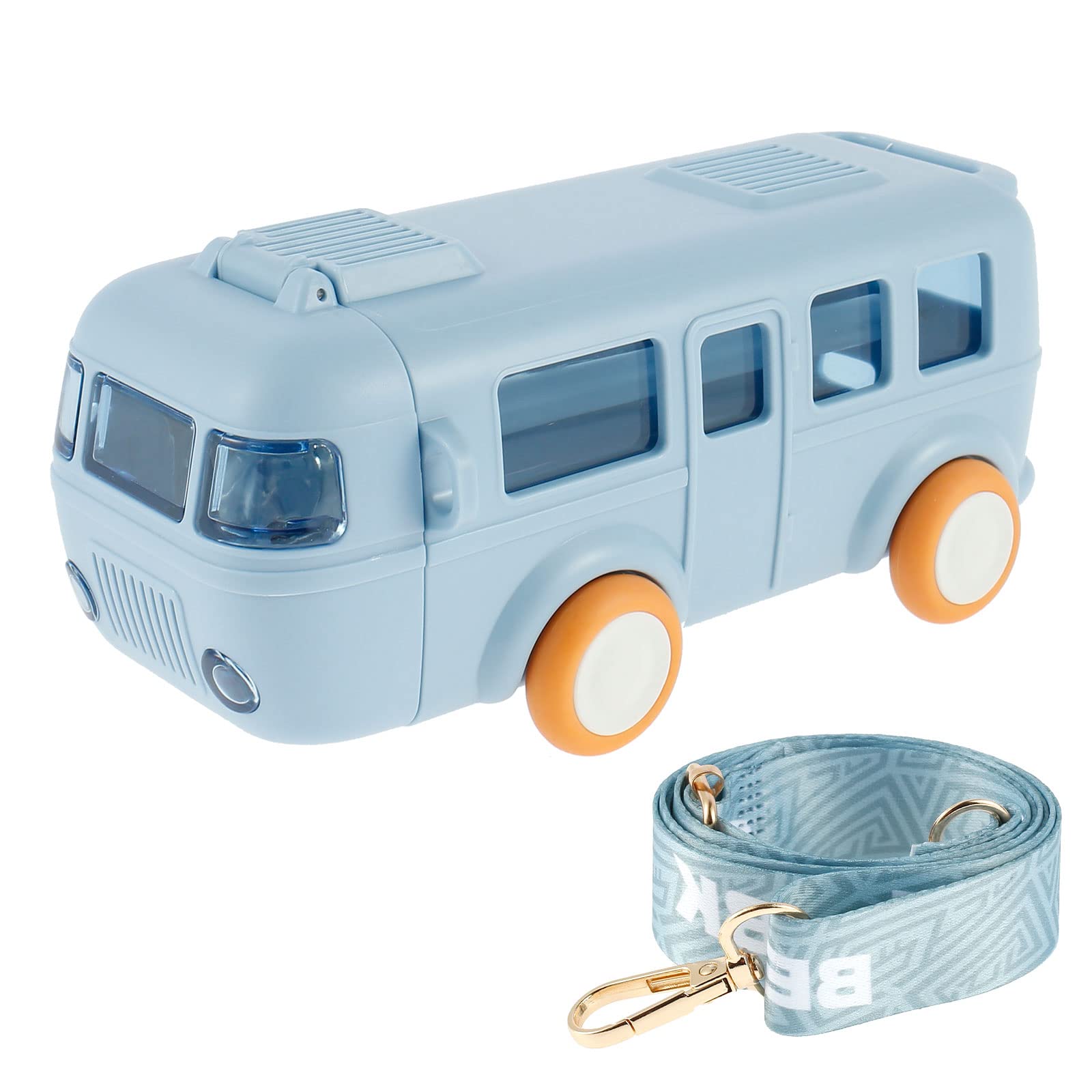 Janoiuc Car Straw Water Cup, 16ozBus Water Bottle With Wheels,Portable Water Cup In Bus Shape with Shoulder Strap, Summer Cute Bus Water Bottle Locking Flip Lid Water Kettle (Blue)