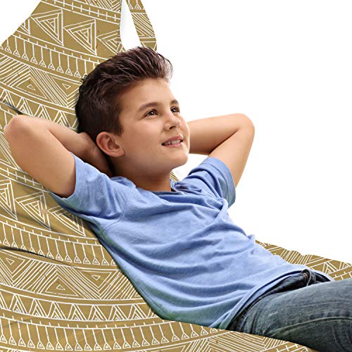 Lunarable Vintage Tribal Lounger Chair Bag, Prehistoric Retro Aztec Triangles in Earthy Tones Illustration, High Capacity Storage with Handle Container, Lounger Size, Dark Mustard and White