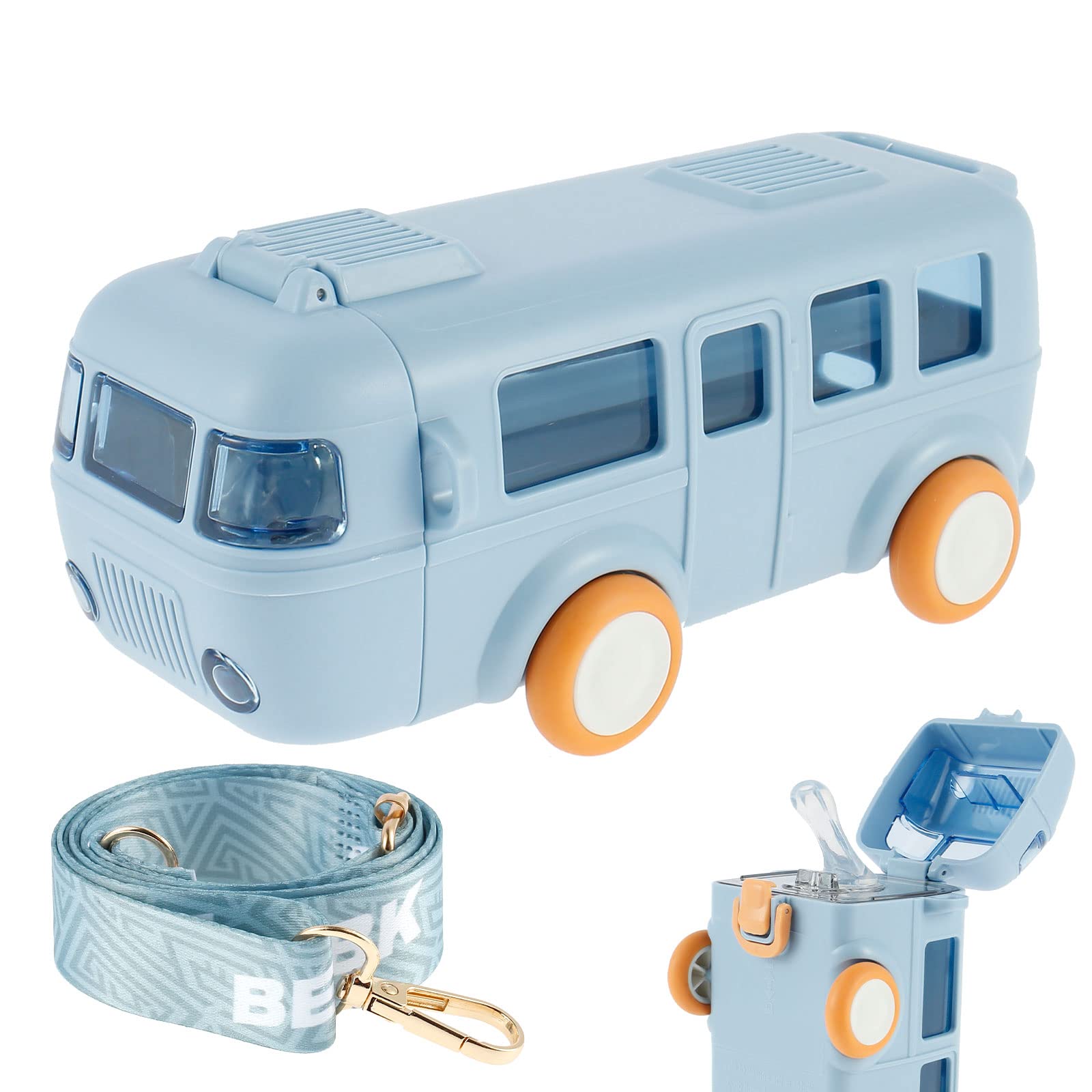 Janoiuc Car Straw Water Cup, 16ozBus Water Bottle With Wheels,Portable Water Cup In Bus Shape with Shoulder Strap, Summer Cute Bus Water Bottle Locking Flip Lid Water Kettle (Blue)