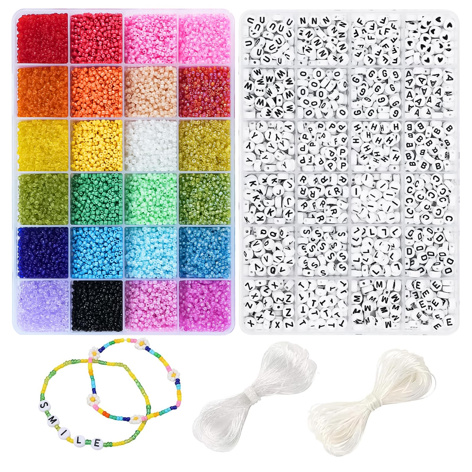 DICOBD 21600pcs 2mm 12/0 Glass Seed Beads Craft Beads Kit and 1200pcs Letter Alphabet Beads for Friendship Bracelets Jewelry Making Necklaces and Key Chains with 2 Rolls of Cord