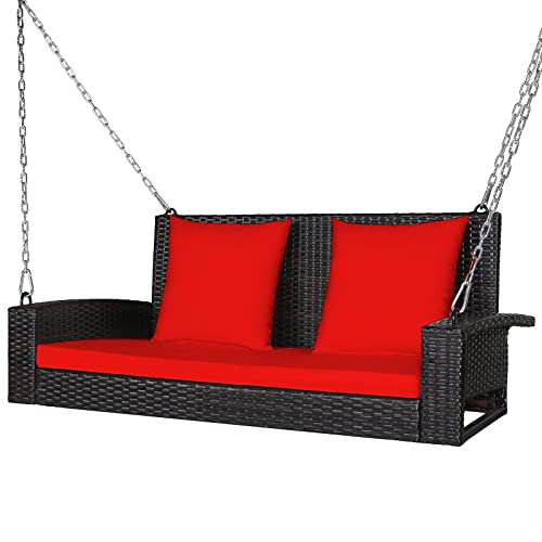 Happygrill 2-Person Porch Swing Bench Outdoor Patio Rattan Swing Chair with Soft Cushions, 7.9ft Reinforced Steel Chain, Solid Steel Frame, Perfect for Backyard, Poolside, Front Porch