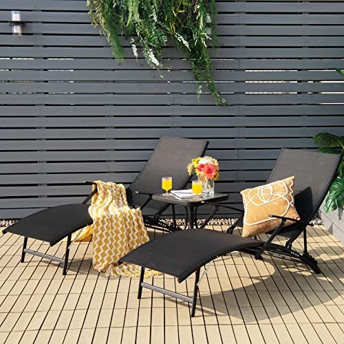 Giantex Set of 2 Patio Chaise Lounge Chairs, with 5-Level Adjustable Backrest, Armrests, Fast-Drying Fabric, Foldable and Stackable Lounger for Poolside, Backyard Outdoor Chaise Recliner,Black