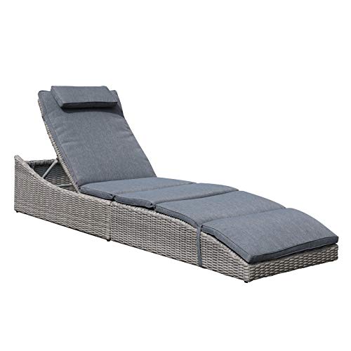 Soleil Jardin Folding Outdoor Adjustable Chaise Lounge Chair with Removable Cushion, Fully Assembled, Patio PE Rattan Reclining Lounger for Pool Beach, Dark Gray