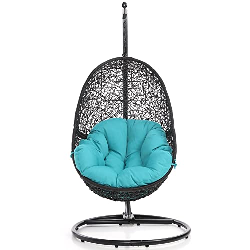 Zuri Furniture Modern Reef Black Basket Swing Chair Teal Cushion with Stand