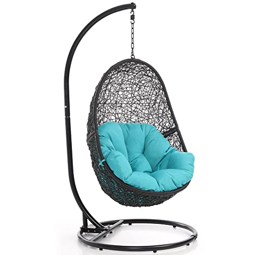 Zuri Furniture Modern Reef Black Basket Swing Chair Teal Cushion with Stand