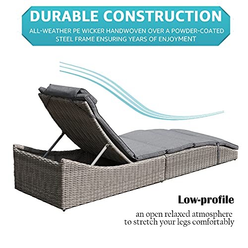 Soleil Jardin Folding Outdoor Adjustable Chaise Lounge Chair with Removable Cushion, Fully Assembled, Patio PE Rattan Reclining Lounger for Pool Beach, Dark Gray