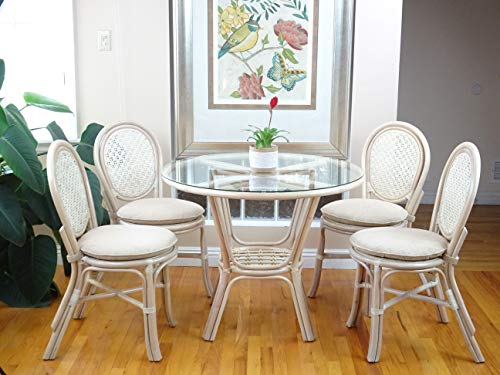 Set of 4 Denver Dining Handmade Wicker Side Chairs with Cream Cushions Natural Rattan, White Wash