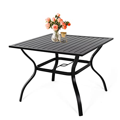 MEOOEM Outdoor Metal Patio Dining Table with Umbrella Hole, Picnic Table Metal Steel Square Backyard Bistro Table Outdoor Dining Table for Garden, Poolside, Backyard, Black, 37x37