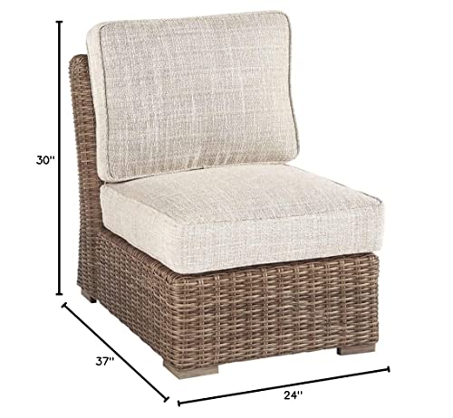 Signature Design by Ashley Beachcroft Patio Farmhouse Outdoor Wicker Cushioned Armless Chair, Beige