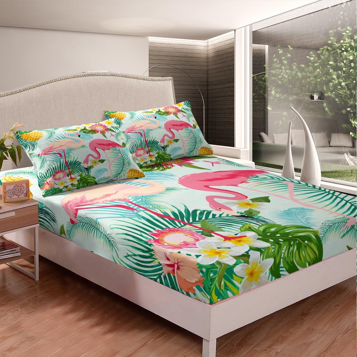 Tropical Flamingo Bedding Set Full Size, Pink Flamingo Fitted Sheet Palm Tree Print Bedding Set Botanical Bed Cover with 2 Pillow Case (No Flat Sheet)