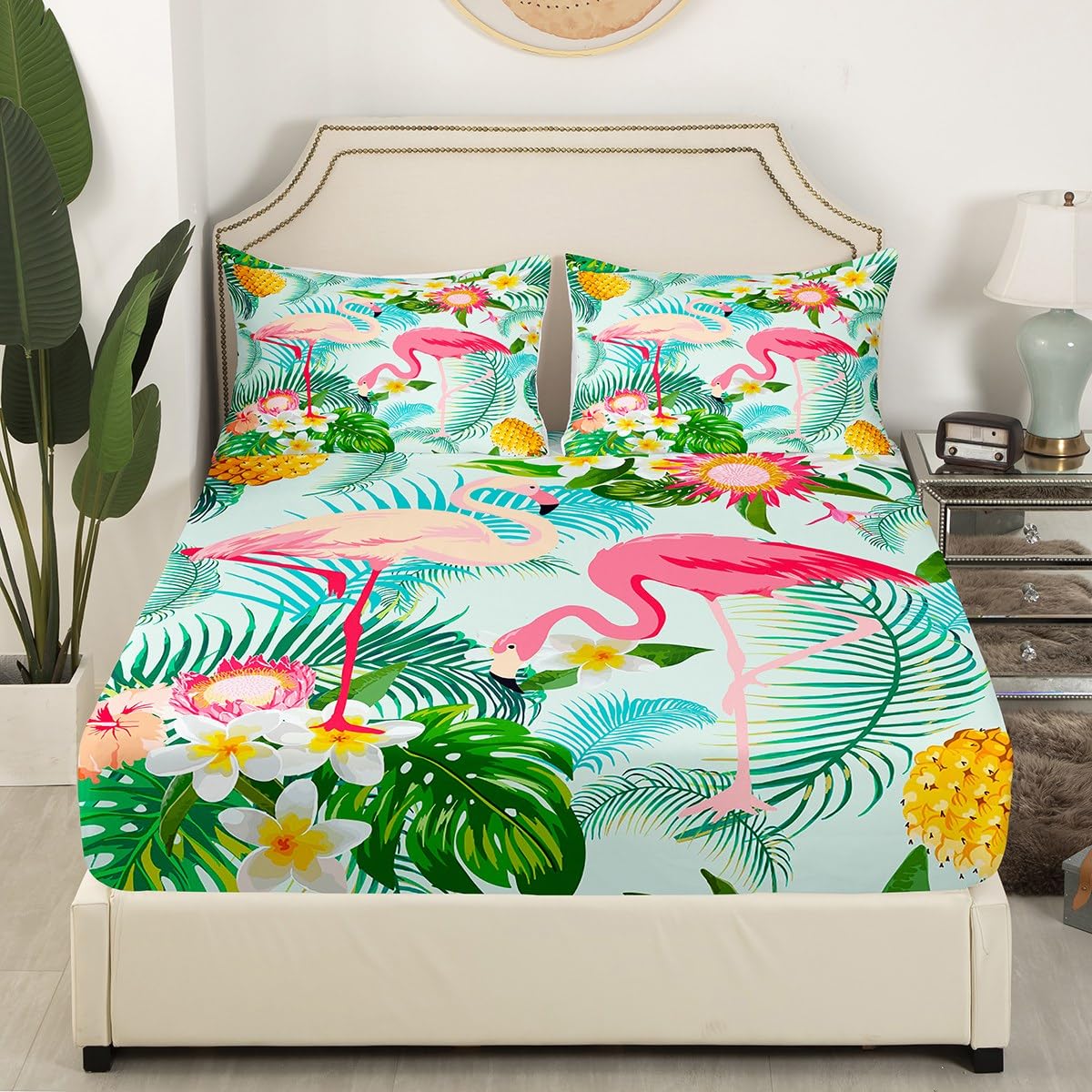 Tropical Flamingo Bedding Set Full Size, Pink Flamingo Fitted Sheet Palm Tree Print Bedding Set Botanical Bed Cover with 2 Pillow Case (No Flat Sheet)