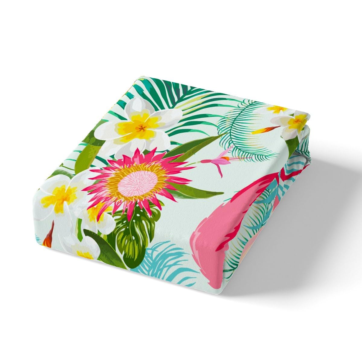 Tropical Flamingo Bedding Set Full Size, Pink Flamingo Fitted Sheet Palm Tree Print Bedding Set Botanical Bed Cover with 2 Pillow Case (No Flat Sheet)