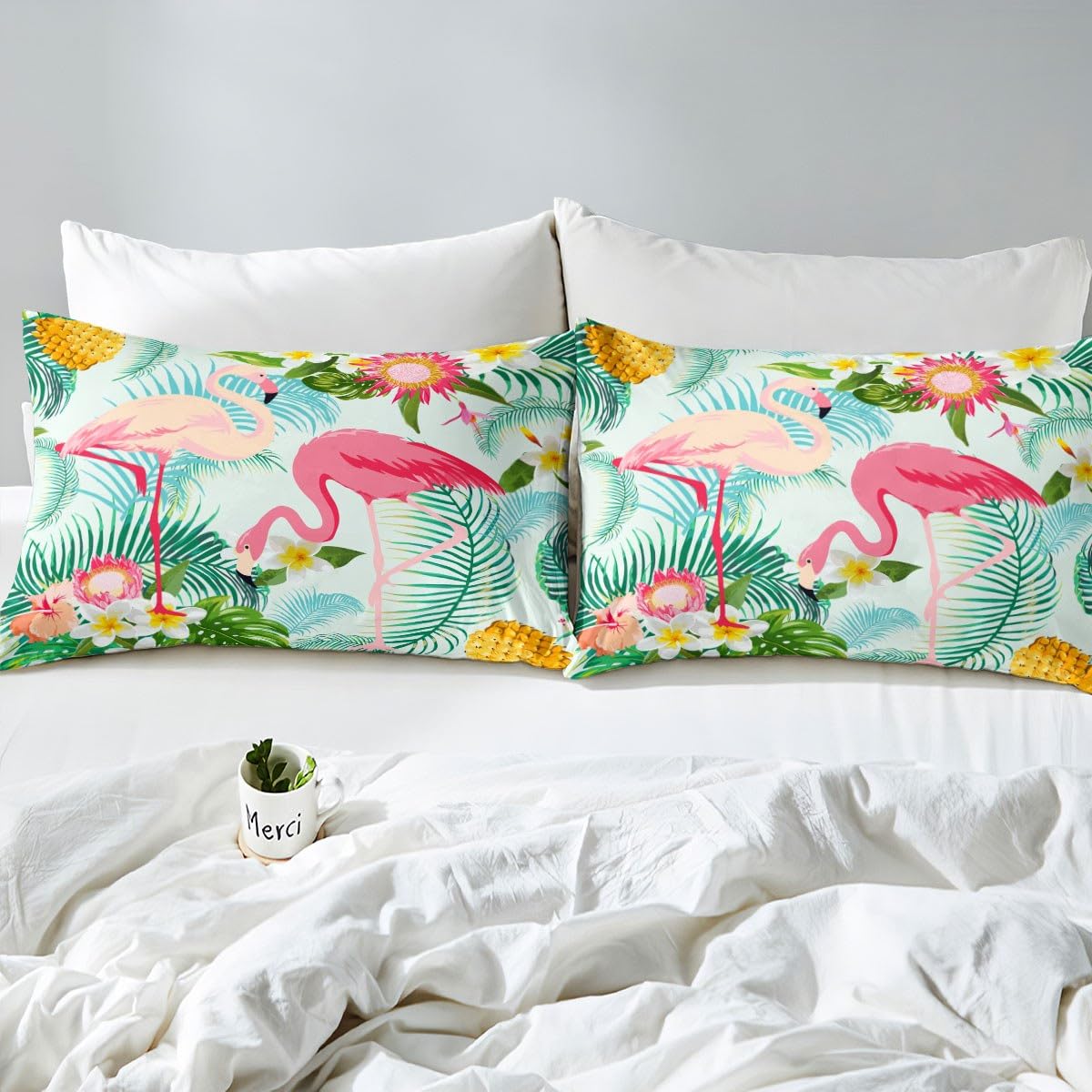 Tropical Flamingo Bedding Set Full Size, Pink Flamingo Fitted Sheet Palm Tree Print Bedding Set Botanical Bed Cover with 2 Pillow Case (No Flat Sheet)