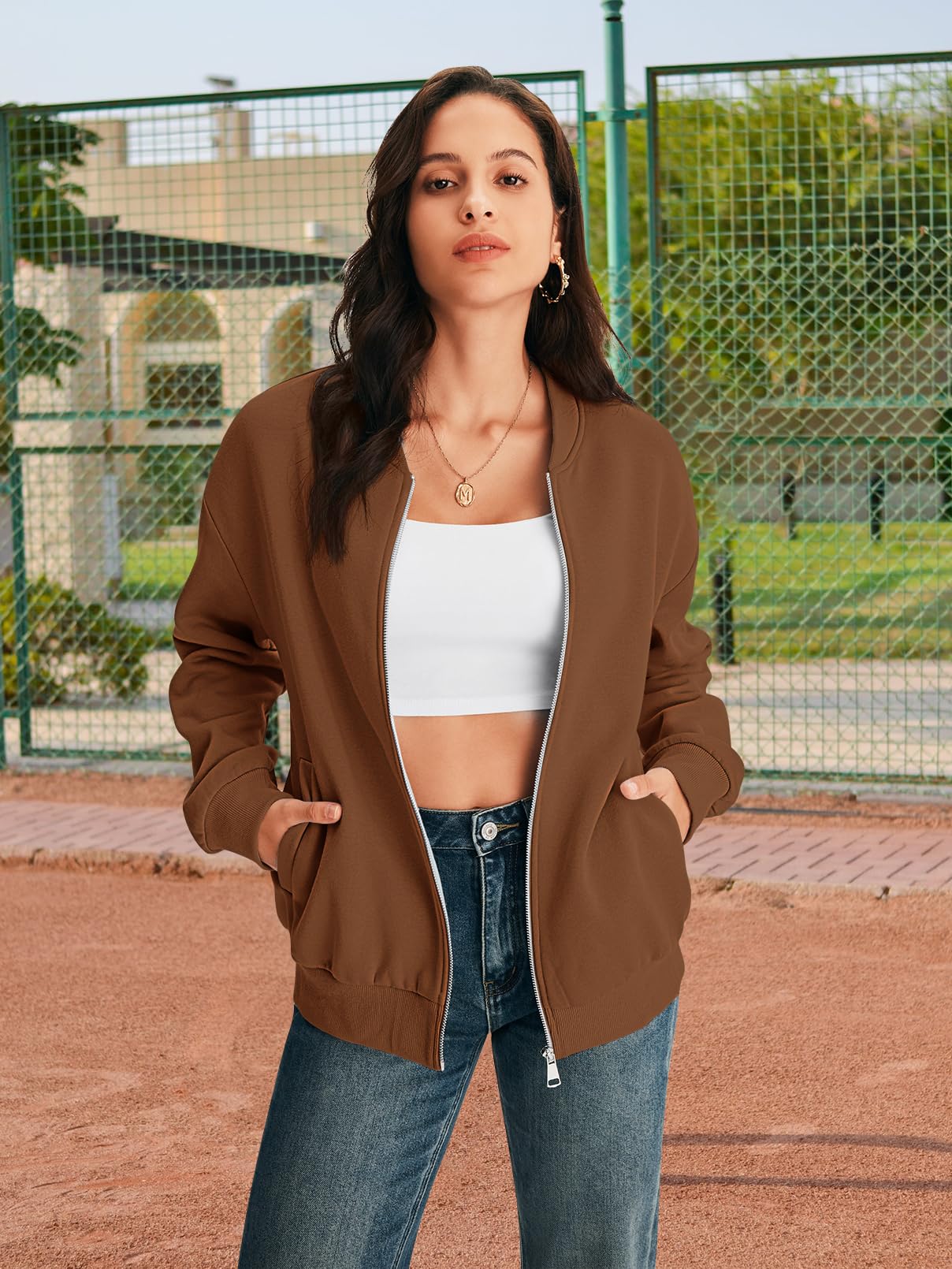 MEROKEETY Womens Fall Zipper Sweatshirt Long Sleeve Running Workout Jacket with Pockets, Brown, Large