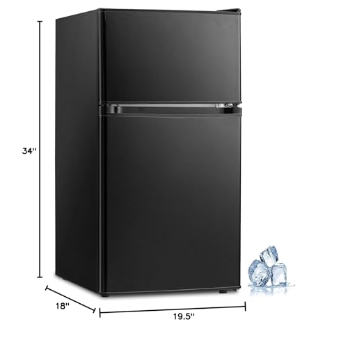 KOTEK Mini Fridge with Freezer, 3.2 Cu.Ft Compact Refrigerator/Freezer with 5 Level Adjustable Thermostat, Reversible 2 Doors & Removable Glass Shelves, Mini Fridge for Bedroom/Dorm/Office (Black)