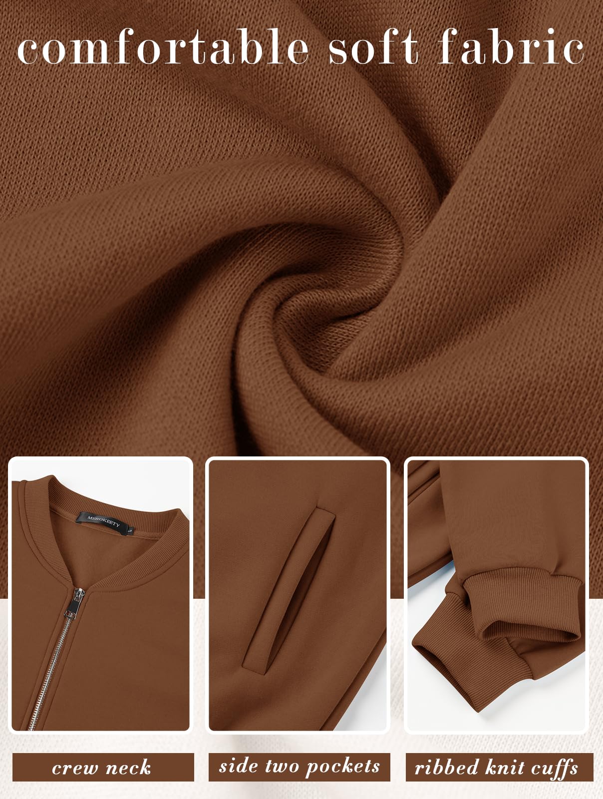 MEROKEETY Womens Fall Zipper Sweatshirt Long Sleeve Running Workout Jacket with Pockets, Brown, Large