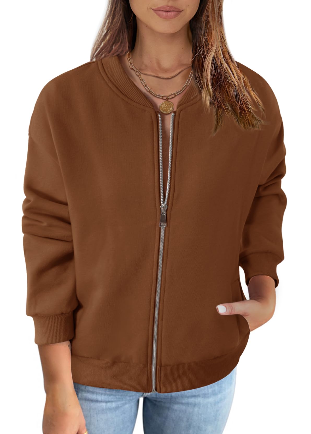 MEROKEETY Womens Fall Zipper Sweatshirt Long Sleeve Running Workout Jacket with Pockets, Brown, Large