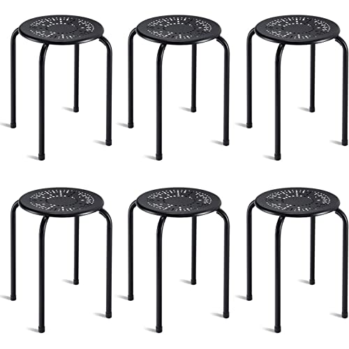 COSTWAY 6-Pack Steel Stack Stools, 17.5-InchĀ Height Portable Stackable Backless School Stools with Daisy Design, Round Classroom Decoration Stools Set of 6 for Kids Children Students, Black