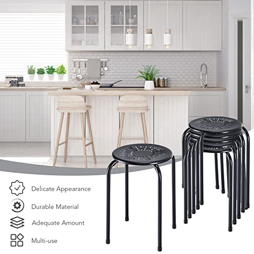 COSTWAY 6-Pack Steel Stack Stools, 17.5-Inch Height Portable Stackable Backless School Stools with Daisy Design, Round Classroom Decoration Stools Set of 6 for Kids Children Students, Black