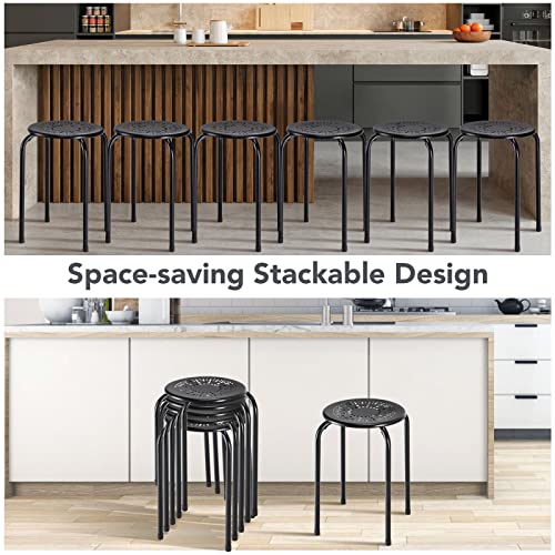 COSTWAY 6-Pack Steel Stack Stools, 17.5-Inch Height Portable Stackable Backless School Stools with Daisy Design, Round Classroom Decoration Stools Set of 6 for Kids Children Students, Black