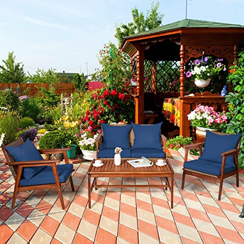 LUKEO Patio Rattan Furniture Set Acacia Wood Frame Cushioned Sofa Chair Navy Single Sofa Loveseat