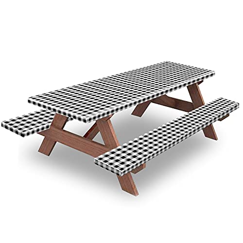 KENOBEE 8ft Picnic Table and Bench Fitted Tablecloth Cover, 96"x30" Flannel Backing Elastic Edge Waterproof Wipeable Plastic Cover Vinyl Tablecloth for Home Goods Indoor Outdoor Patio, Black-White