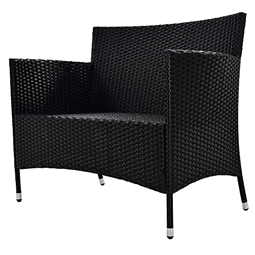 SAWQF 4PCS Patio Furniture Outdoor Garden Conversation Set Black Wicker 2 Armchairs+1 Double Sofa+1 Table w/Green Cushion