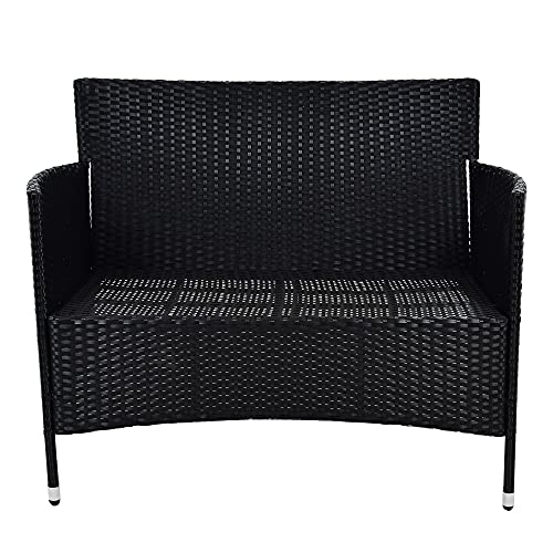 SAWQF 4PCS Patio Furniture Outdoor Garden Conversation Set Black Wicker 2 Armchairs+1 Double Sofa+1 Table w/Green Cushion