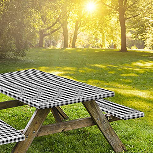 KENOBEE 8ft Picnic Table and Bench Fitted Tablecloth Cover, 96"x30" Flannel Backing Elastic Edge Waterproof Wipeable Plastic Cover Vinyl Tablecloth for Home Goods Indoor Outdoor Patio, Black-White