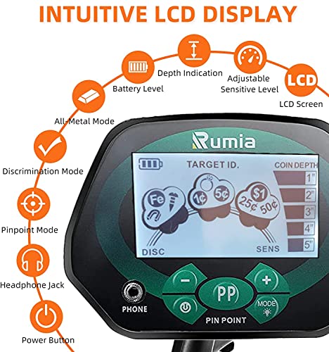 Rumia Professional Metal Detector for Adults & Kids, High Accuracy Adjustable Waterproof Gold Detector with Disc & Pinpoint & All Metal Mode, for Detecting Gold, Coin, Treasure Hunting
