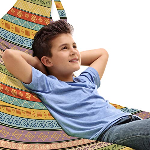 Lunarable Striped Lounger Chair Bag, Tribal Hand Drawn Ornamental Design Leaves Flowers Swirled Lines Vintage Pattern, High Capacity Storage with Handle Container, Lounger Size, Multicolor